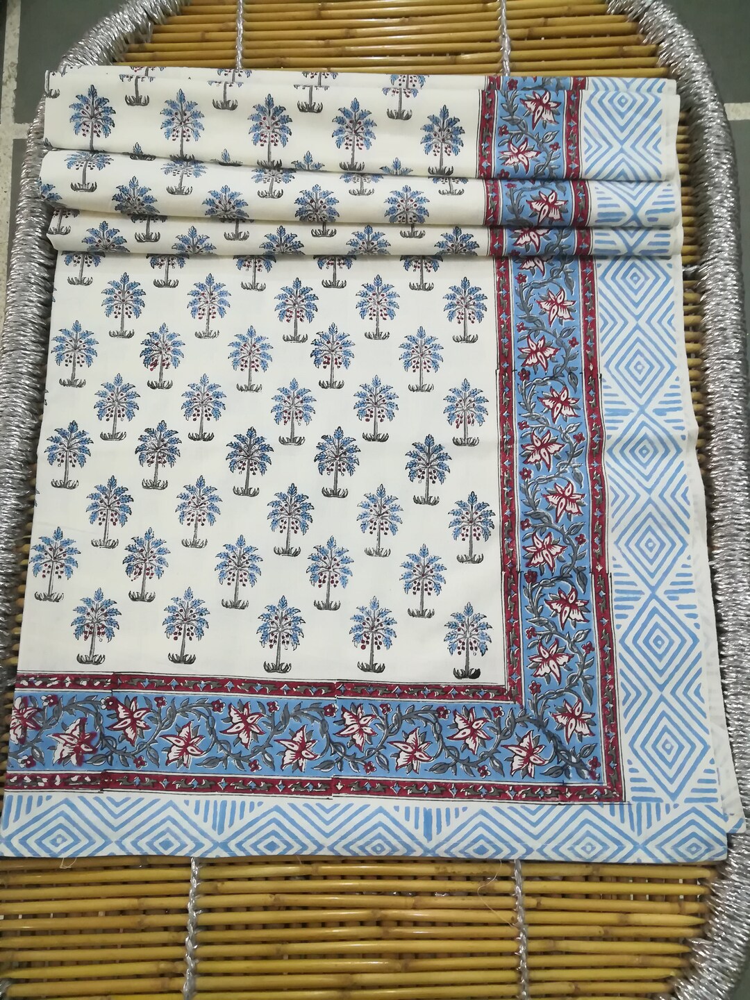 Indian Hand Block Print Palm Tree Flat Sheet Cotton Bed Cover Bed Sheet ...