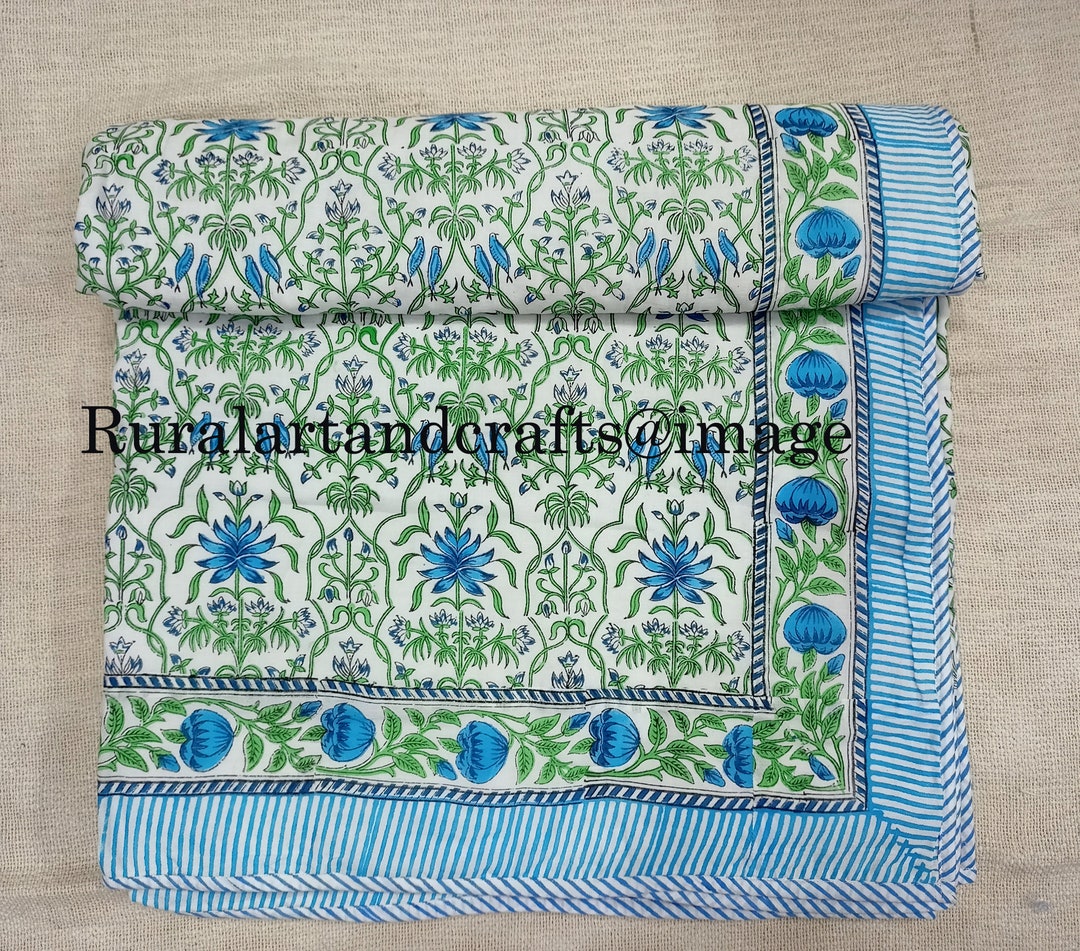 Hand Block Print Cotton Quilt: Reversible Floral AC Blanket - Etsy