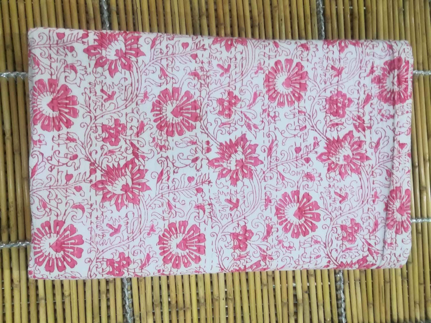 Pink Floral Print Cotton Kantha Bed Cover Hand Block Print Etsy