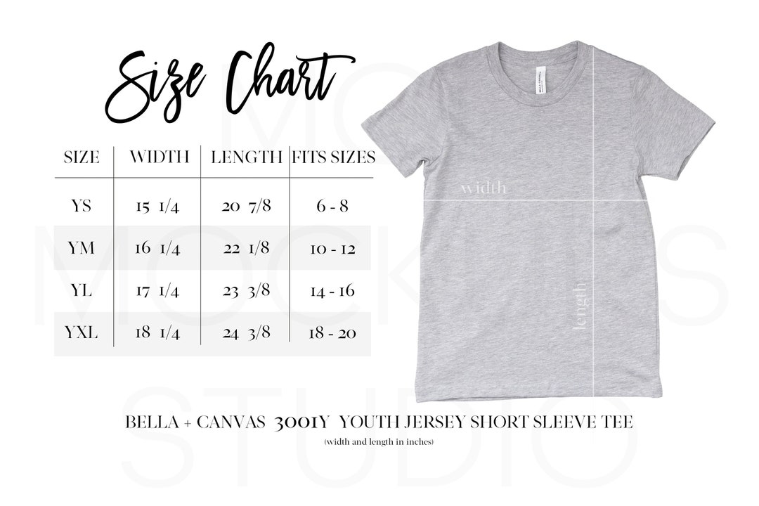 3001Y Size Charts Bella Canvas Mock up Youth Size Chart, Bella Canvas ...