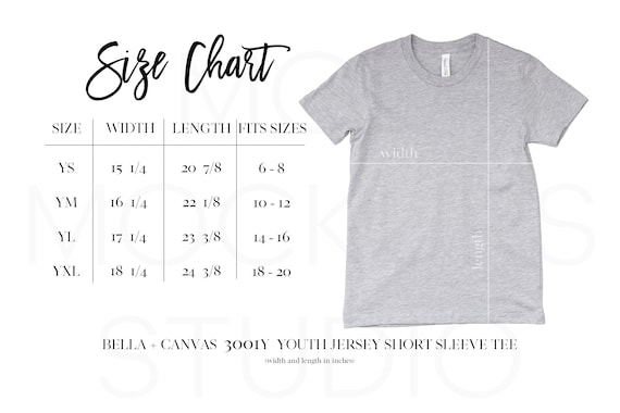 3001Y Size Charts Bella Canvas Mock up Youth Size Chart Bella | Etsy