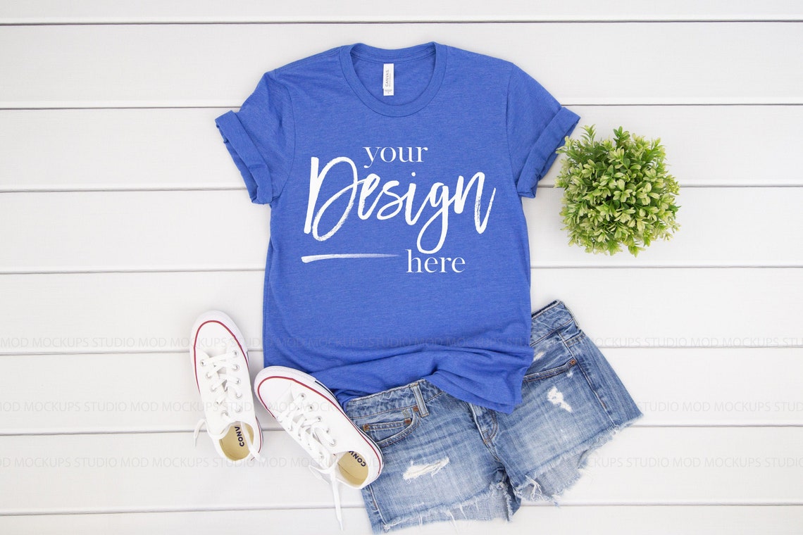 Heather True Royal T Shirt Mock Up, Flat Lay Product Display, Bella ...