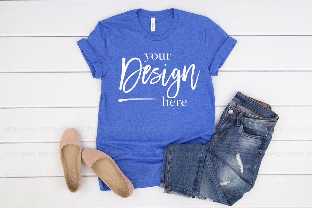 Heather True Royal T-shirt Mockup Bella Canvas 3001 T-shirt Mockup ...
