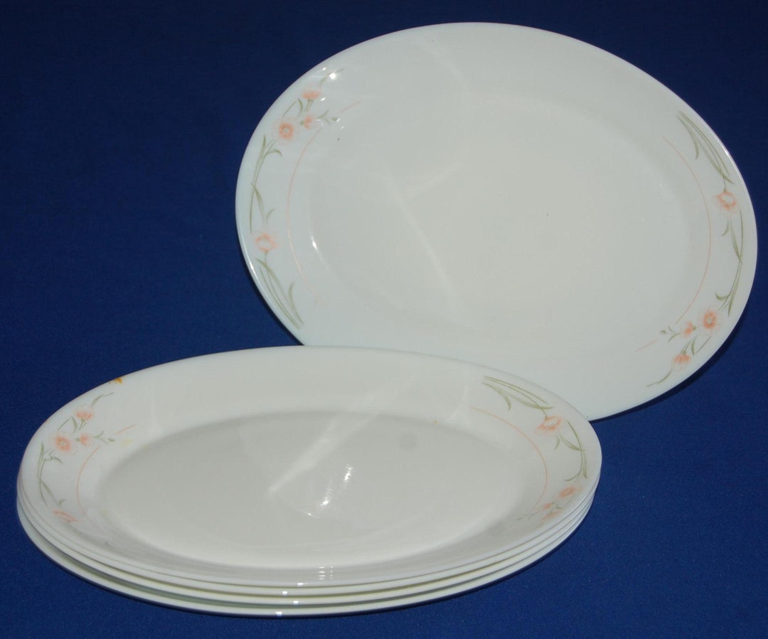 Vintage Pyrex Set 5 Peach Pink Flowers Oval Steak, Dinner Plates, - Etsy