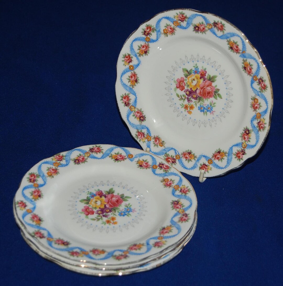 Vintage Gladstone Blue Ribbon Set 4 Side Plates 16cms Diameter, - Etsy