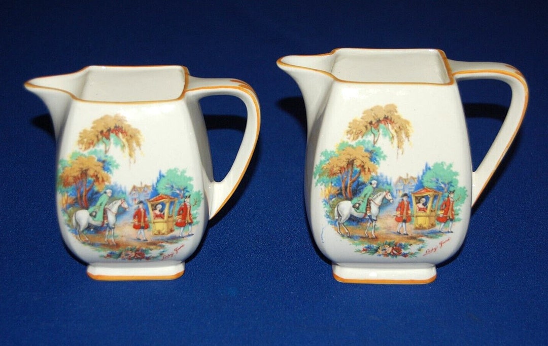 Vintage L & Sons Hanley Set 2 Graduated Crinoline Lady Jane Jugs, 1 Pt ...