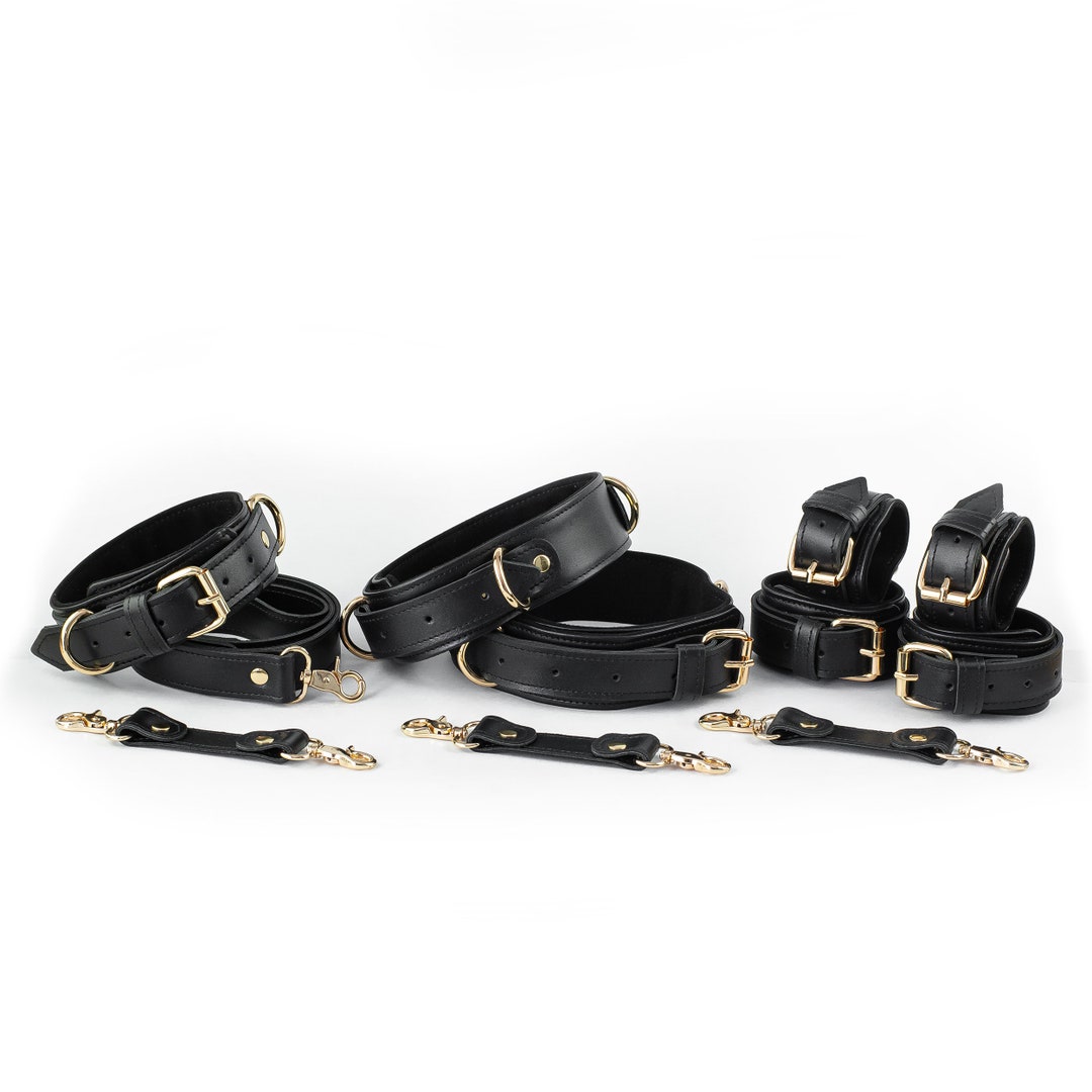 Black Leather Bed Bondage Restraint Set for Kinky Bedroom Play Wrist ...