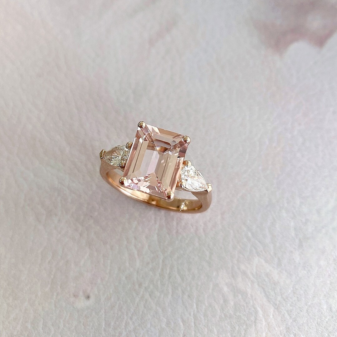 Natural Morganite Engagement Ring, Emerald Cut Morganite Ring, Real ...