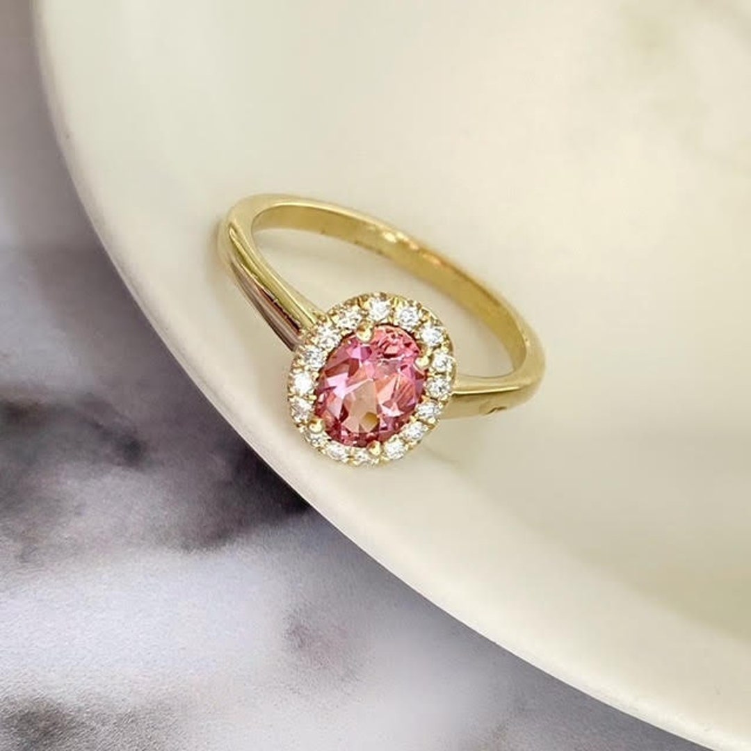 Pink Oval Gemstone Ring With Halo, Pink Oval Engagement Promise Ring ...