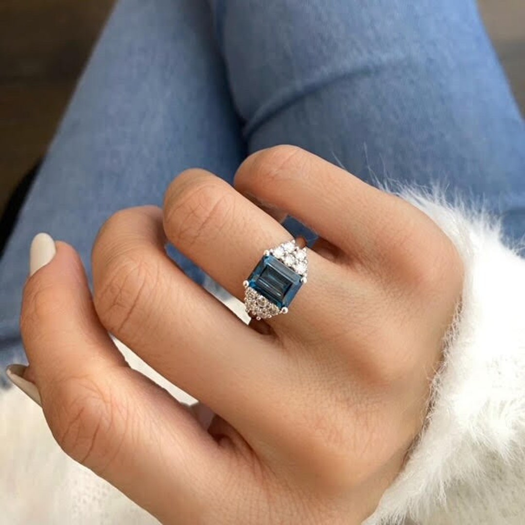 Blue Topaz Ring, Blue Topaz Emerald Cut Engagement Ring, 3 Carat Blue ...