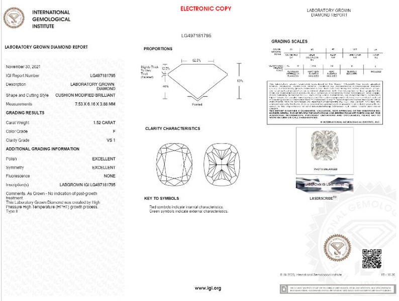 1.52 Carat F/VS1 IGI Certificated Lab Cushion Diamond Custom - Etsy