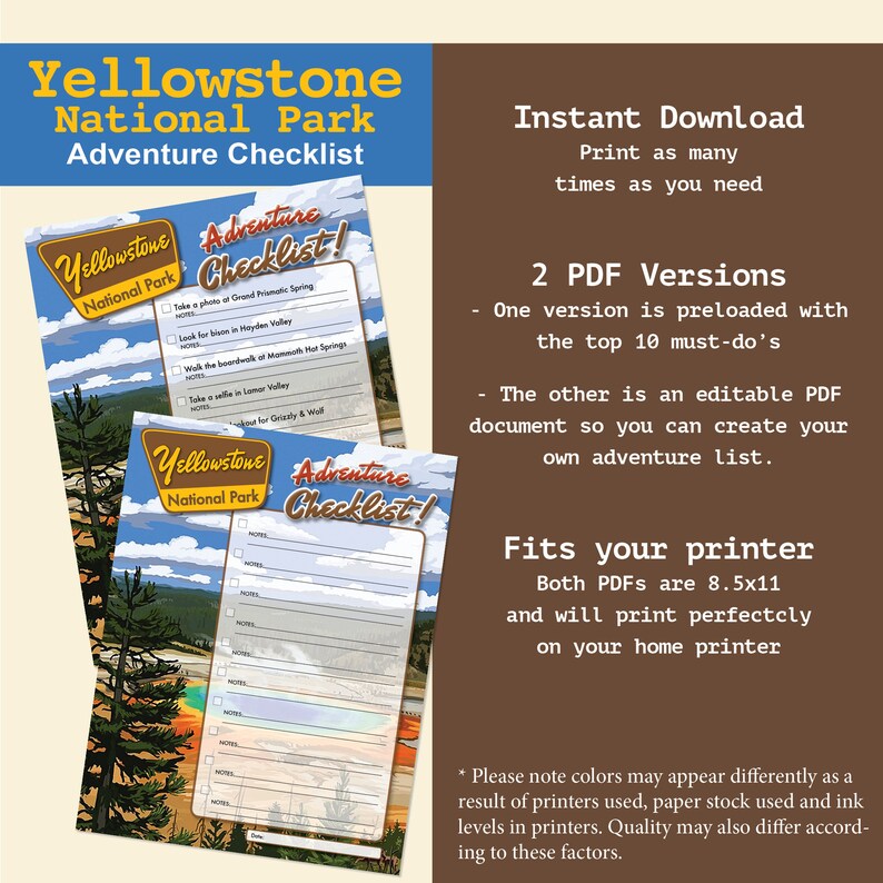 Yellowstone National Park Printable Adventure Checklist Pdf | Letter ...