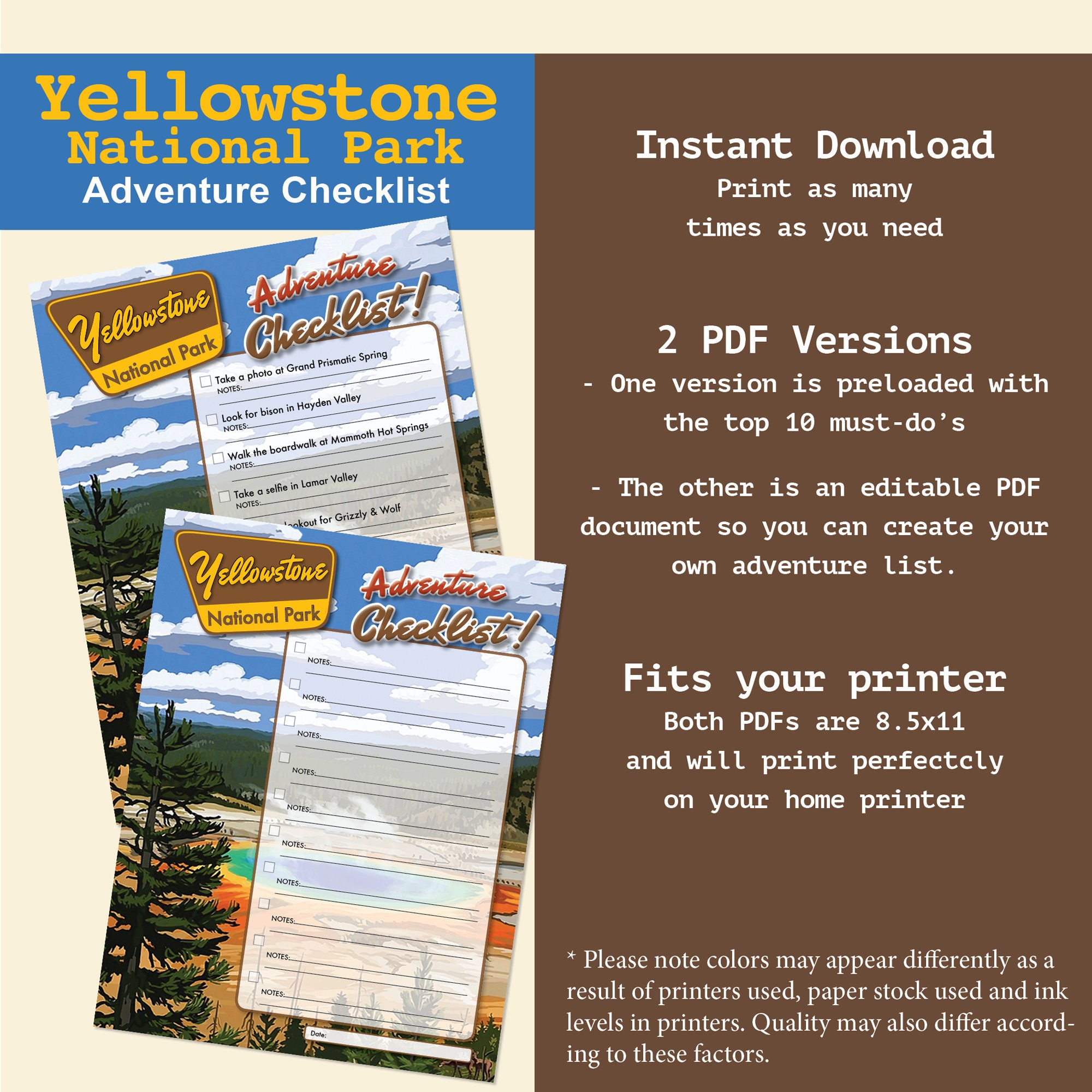 Yellowstone National Park Printable Adventure Checklist Pdf | Letter ...