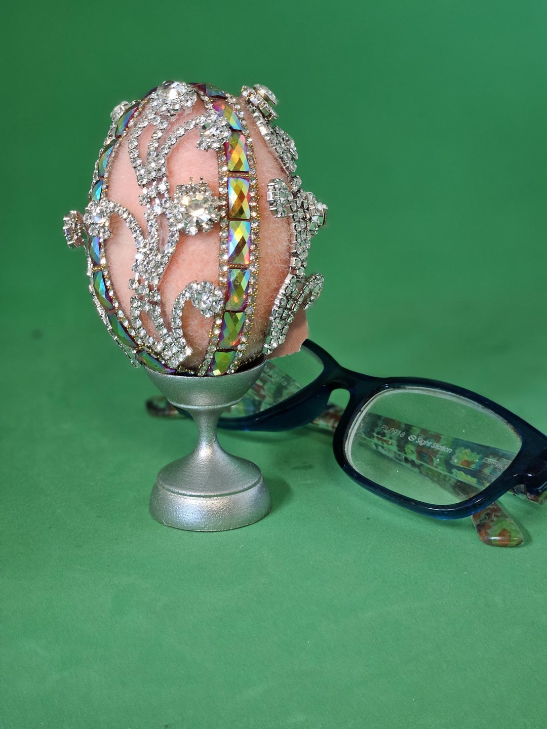 Peach Velvet Easter Egg Decorated With AB Red Jewel Trim and Rhinestone ...