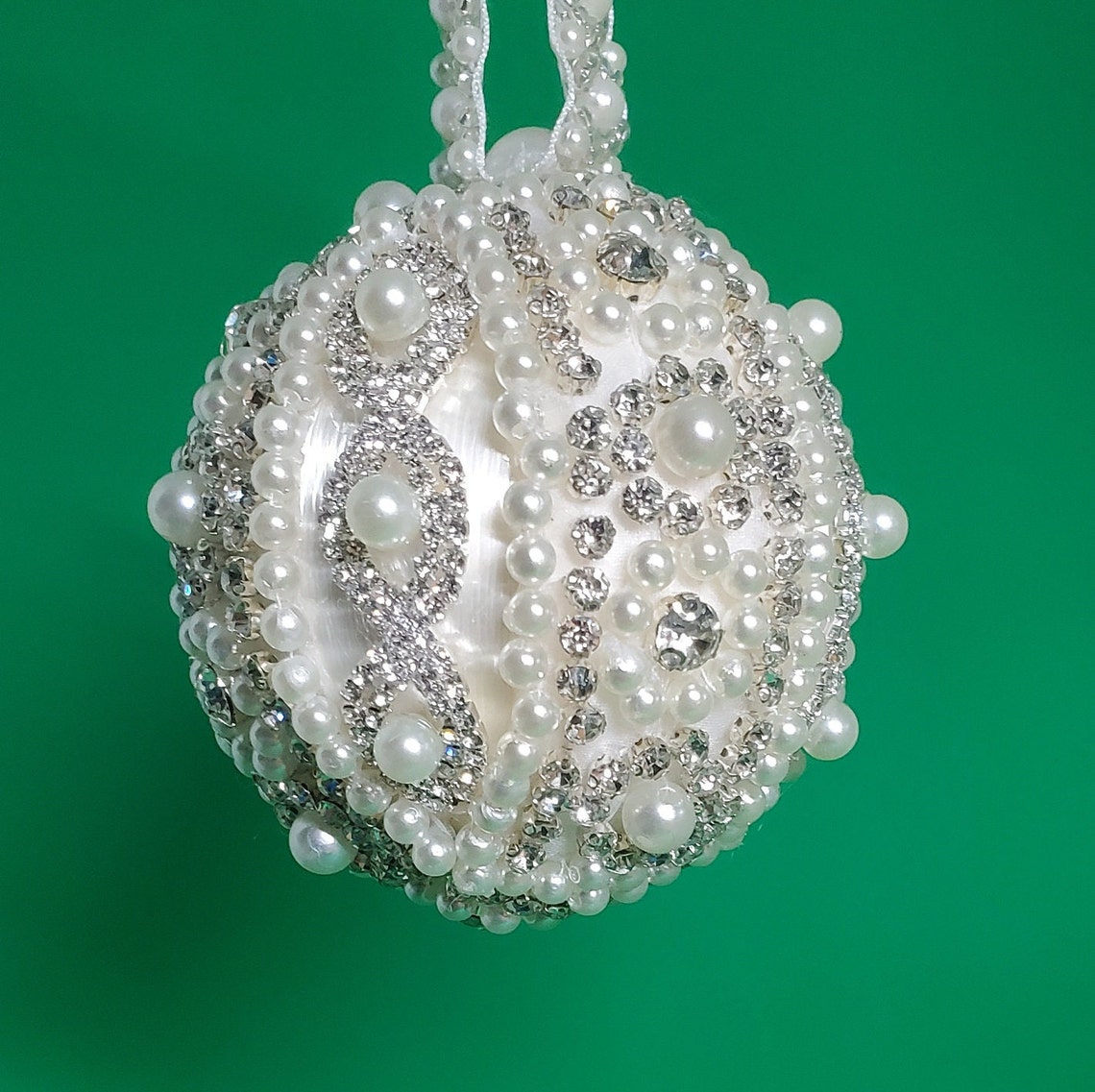 Pearl and Rhinestone Circles Decorate This OOAK Handmade White Satin ...