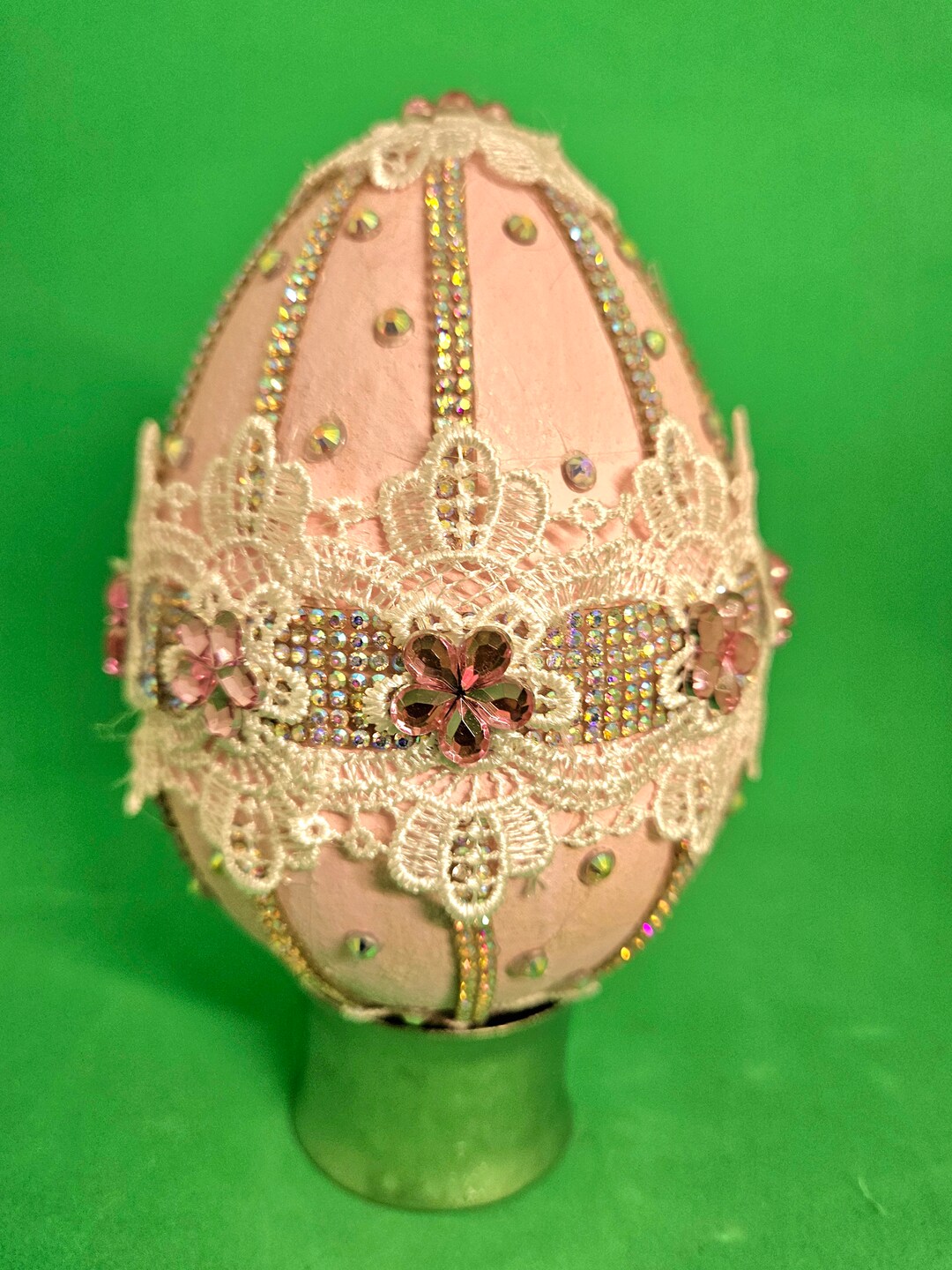 Light Pink Easter Egg With White Lace, AB Rhinestones, Pink Jewel ...