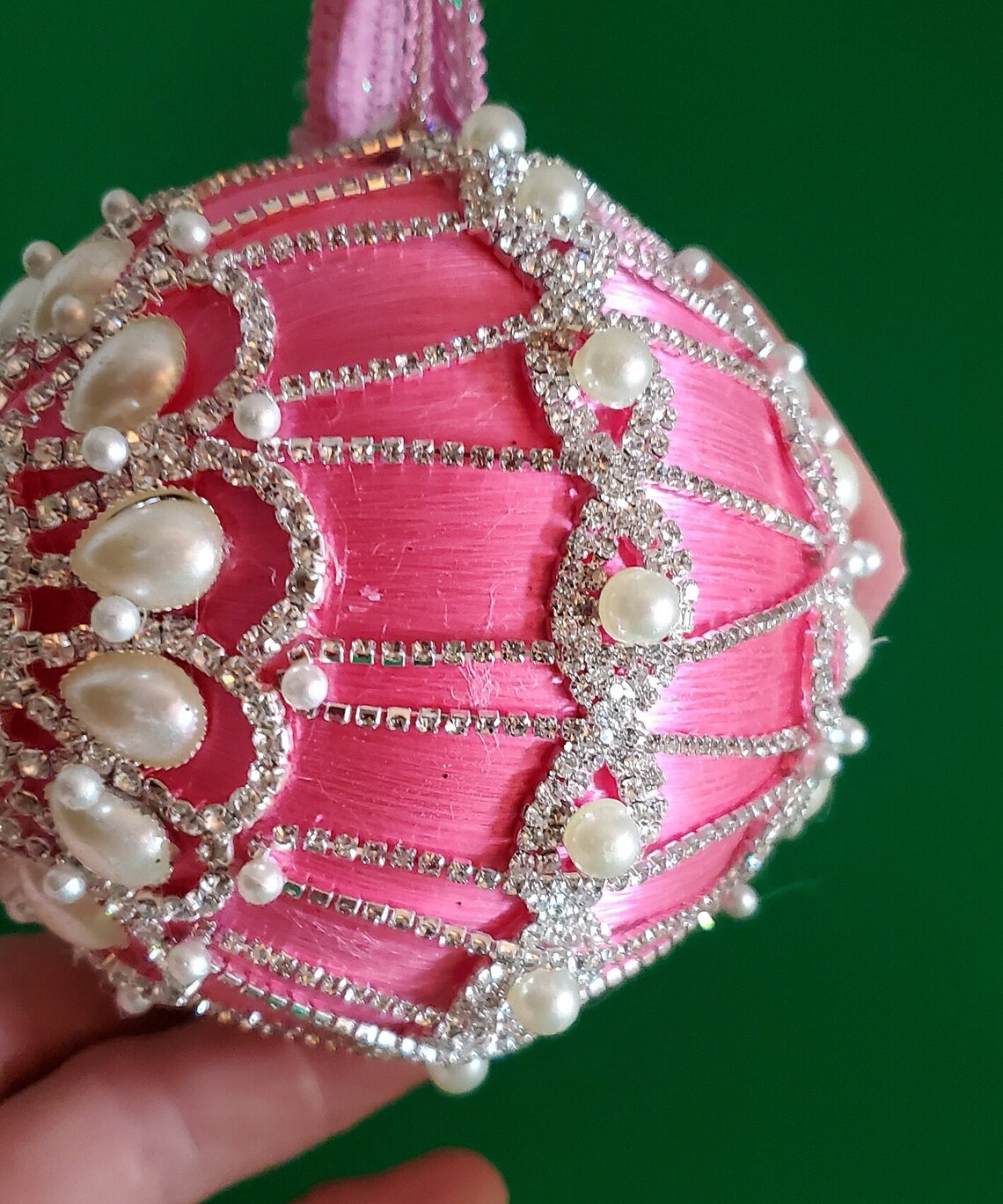 Large Pink Satin Ornament is Decorated With Large Pearl and Rhinestone ...