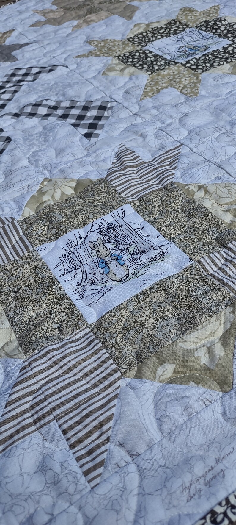 HOMEMADE Peter Rabbit Baby Quilt, Sampler Block Quilt, Neutral Color ...