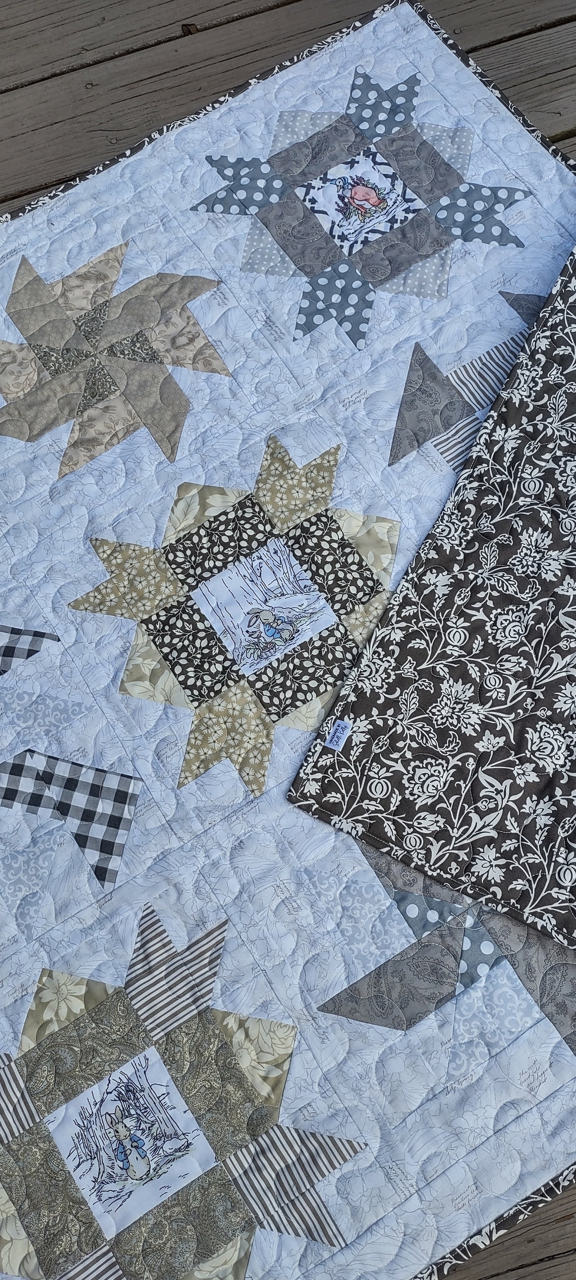 HOMEMADE Peter Rabbit Baby Quilt, Sampler Block Quilt, Neutral Color ...