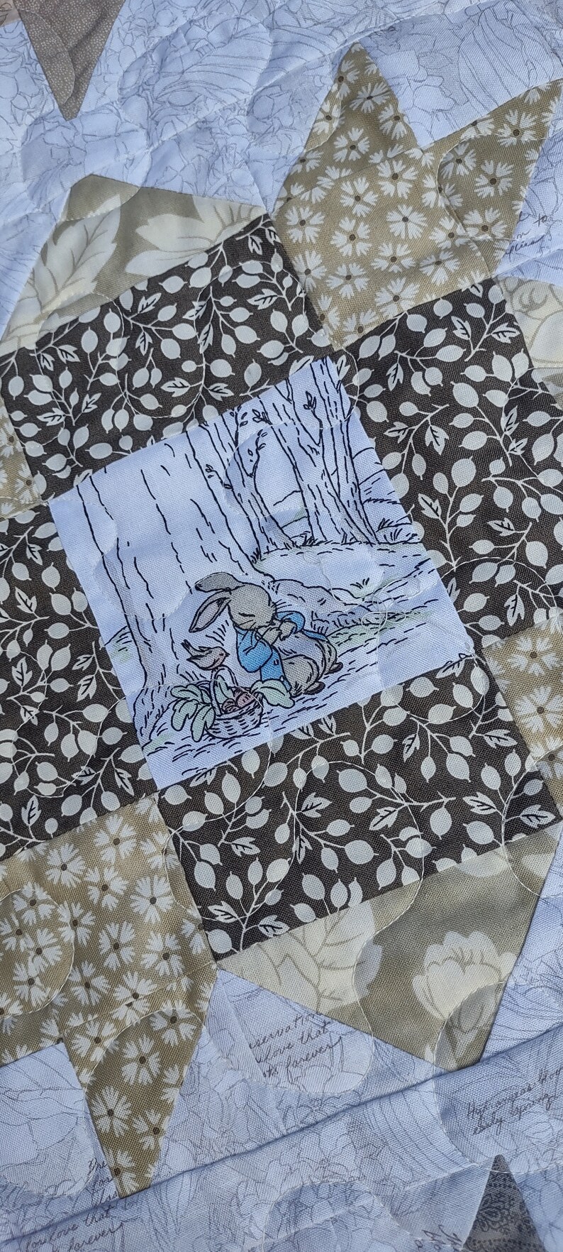HOMEMADE Peter Rabbit Baby Quilt, Sampler Block Quilt, Neutral Color ...