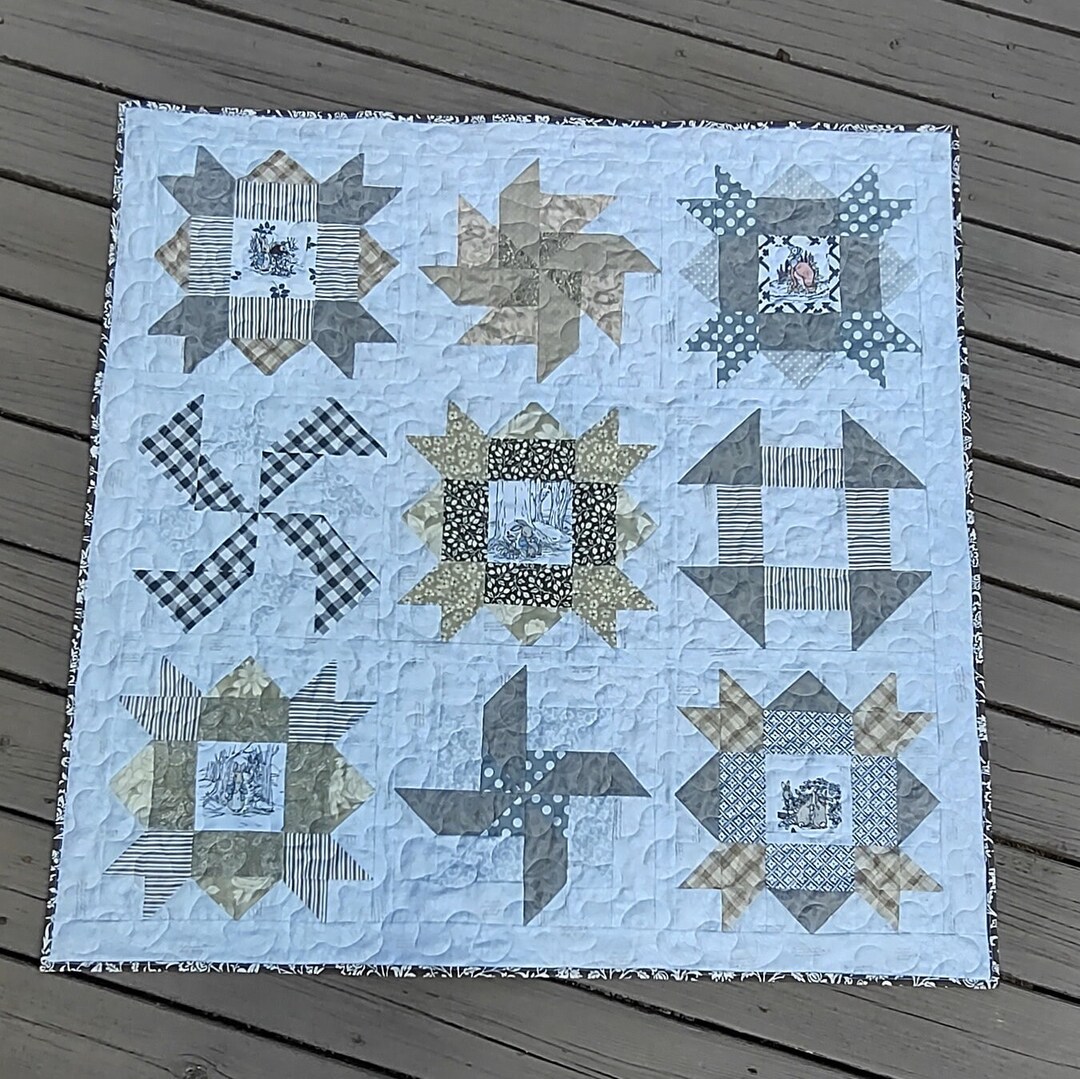 HOMEMADE Peter Rabbit Baby Quilt, Sampler Block Quilt, Neutral Color ...