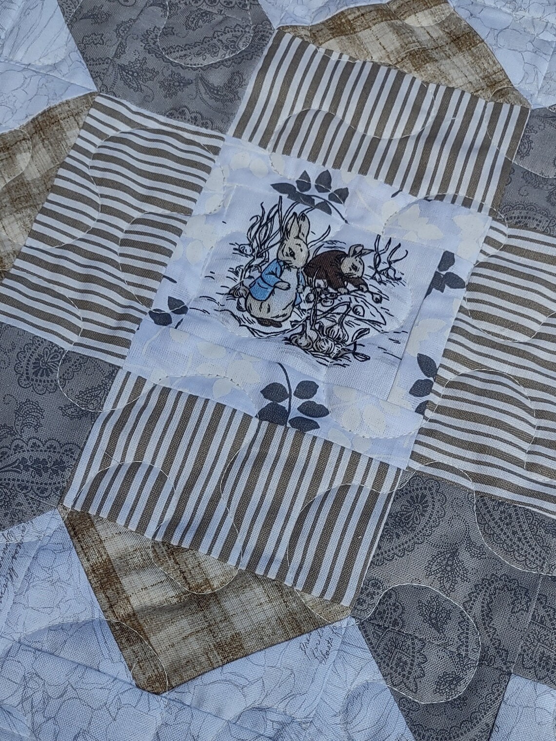 HOMEMADE Peter Rabbit Baby Quilt, Sampler Block Quilt, Neutral Color ...