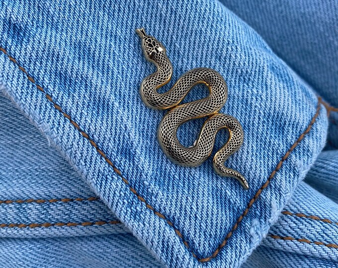 Snake Enamel Pin Magical W. Moon Phases & Flowers Black Gold Serpent ...