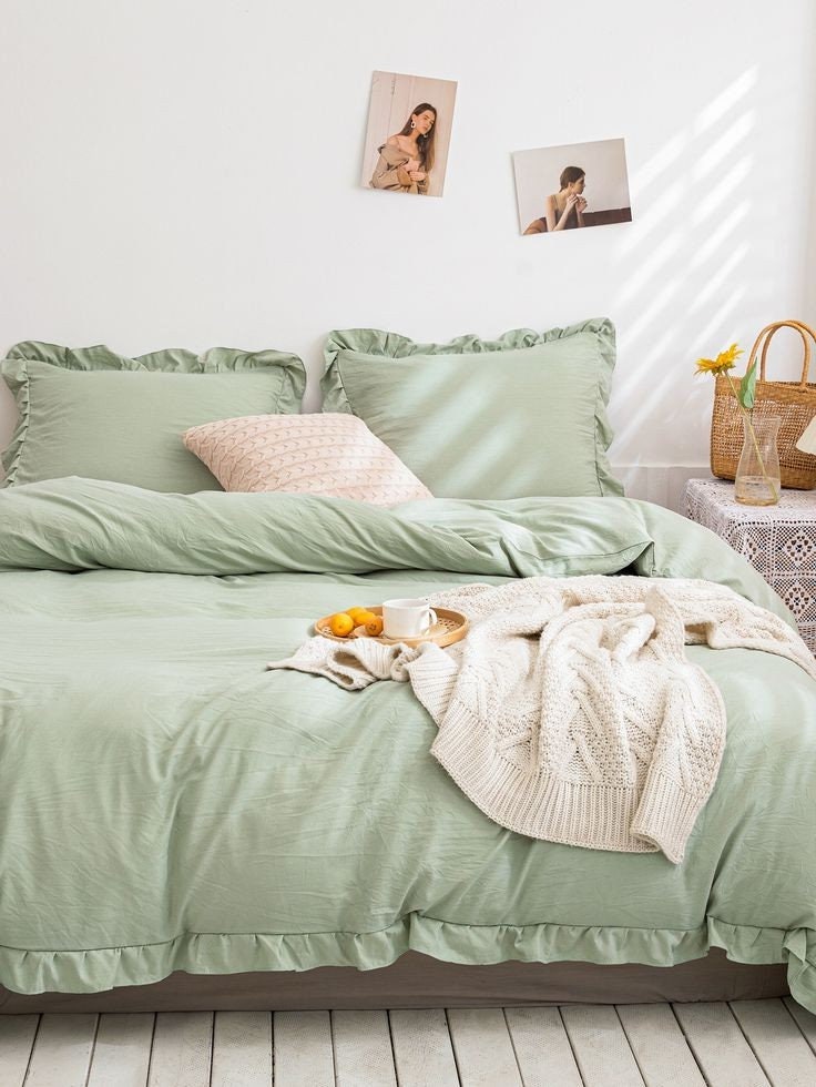 Sage Green Cotton Duvet Cover King Size Boho Ruffled Duvet Etsy