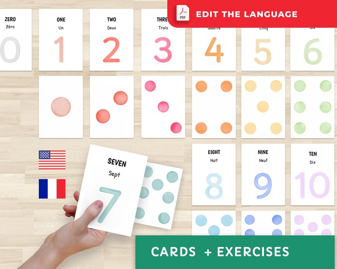 Bilingual Number Cards | Flashcards | Minimalist Watercolor Effect ...