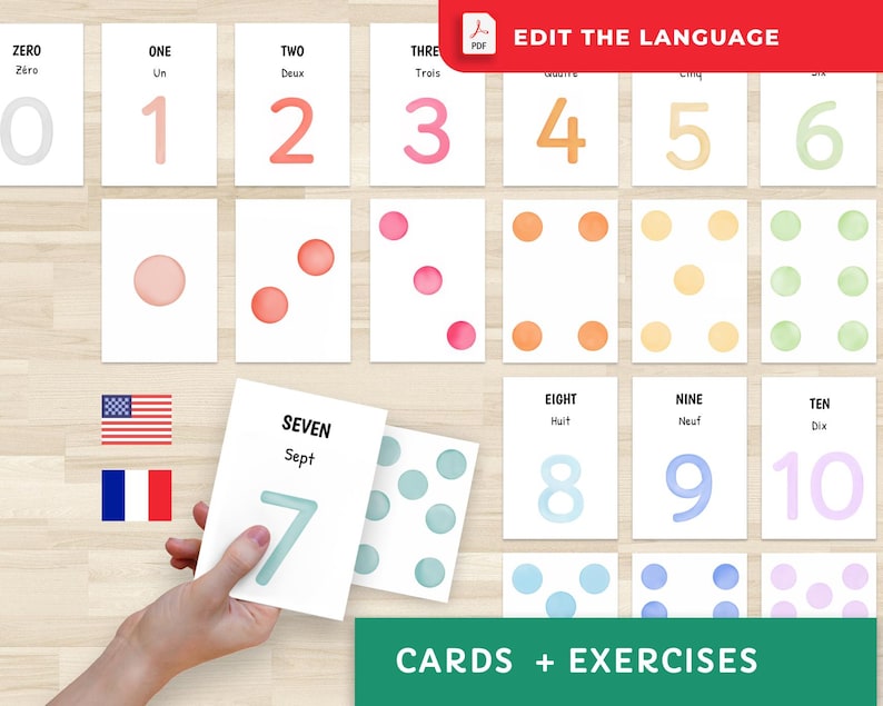 Bilingual Number Cards | Flashcards | Minimalist Watercolor Effect ...