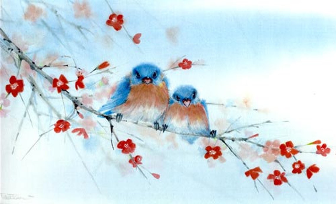 Baby Blues I - Bluebirds in Paintings of Bluebirds Songbird Watercolor ...