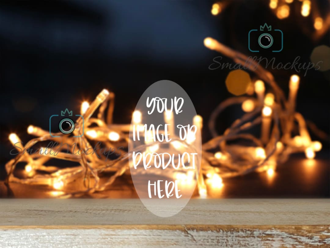 Christmas Lights Mockup Background, Christmas Tree Bokeh Rustic Table ...