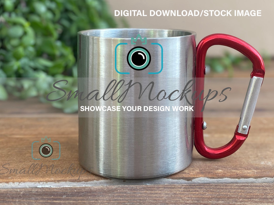 Carabiner Mug Mockup Photo, Metal Mug With Red Carabiner Handle ...