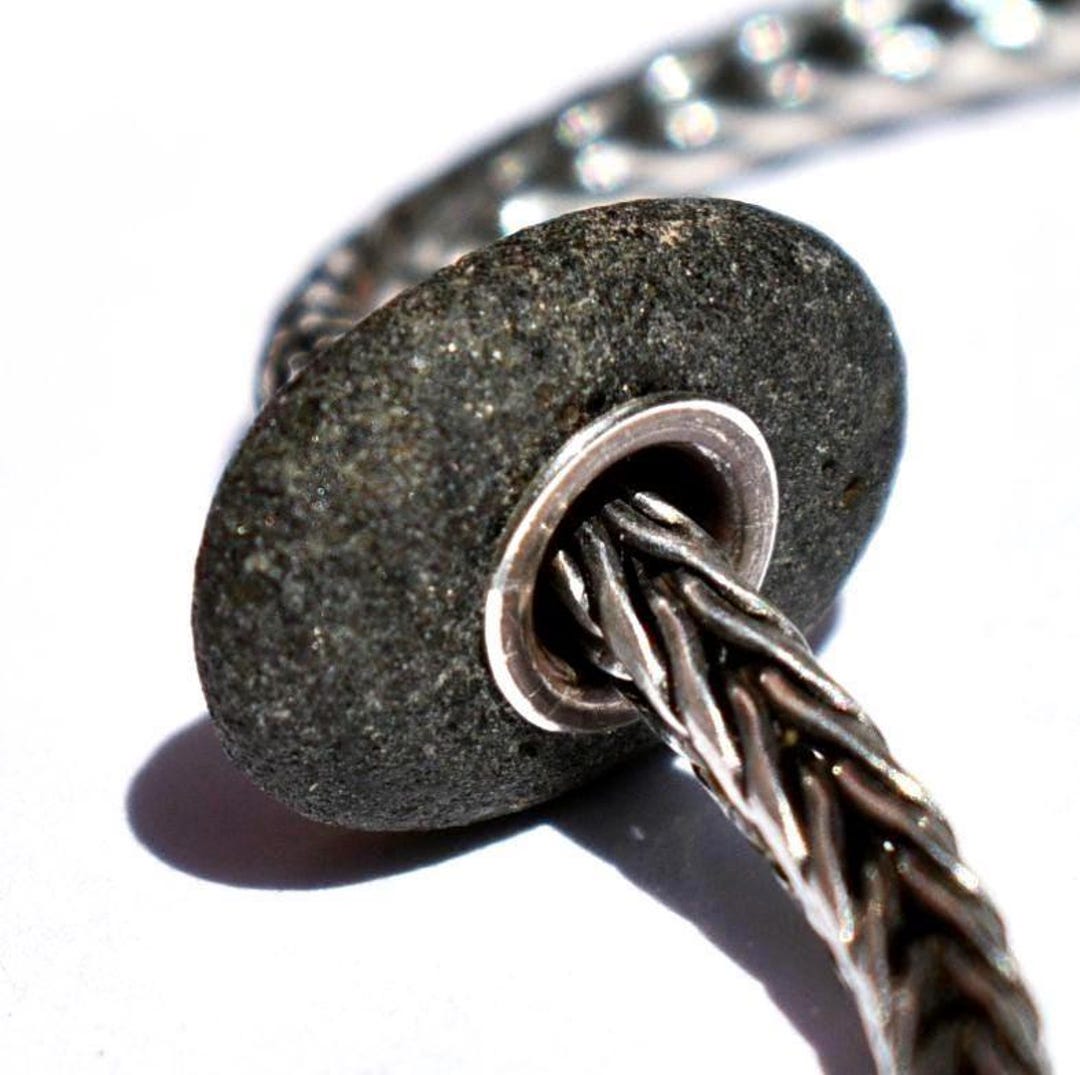 Natural Sea Pebble Black Coin Charm Bead: 16.2mm, Full Silver Core, for ...