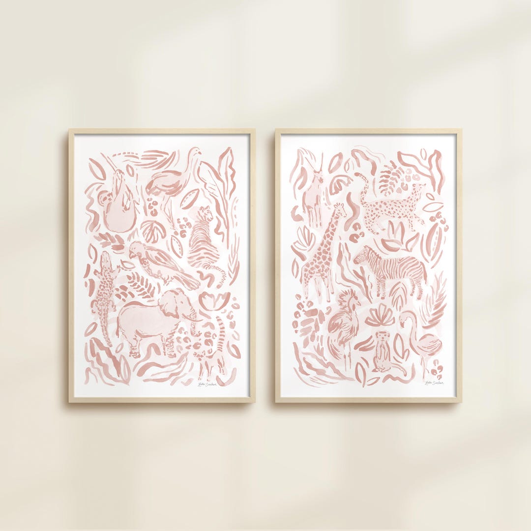 Pink Safari Animal Print Set: Watercolor Jungle Nursery Art (digital ...