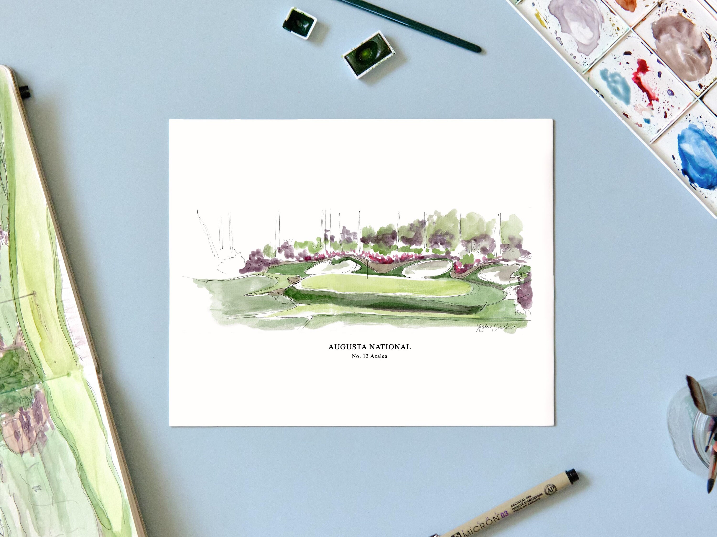 Masters 13 Azalea Green PRINT Watercolor Golf Art Augusta | Etsy