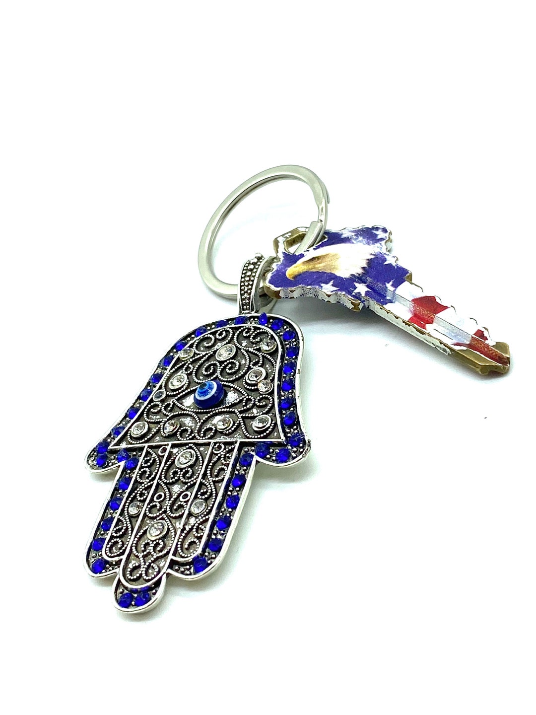 Turkish Blue Crystal Evil Eye Hamsa Hand Key Chain for Protection #1027 ...