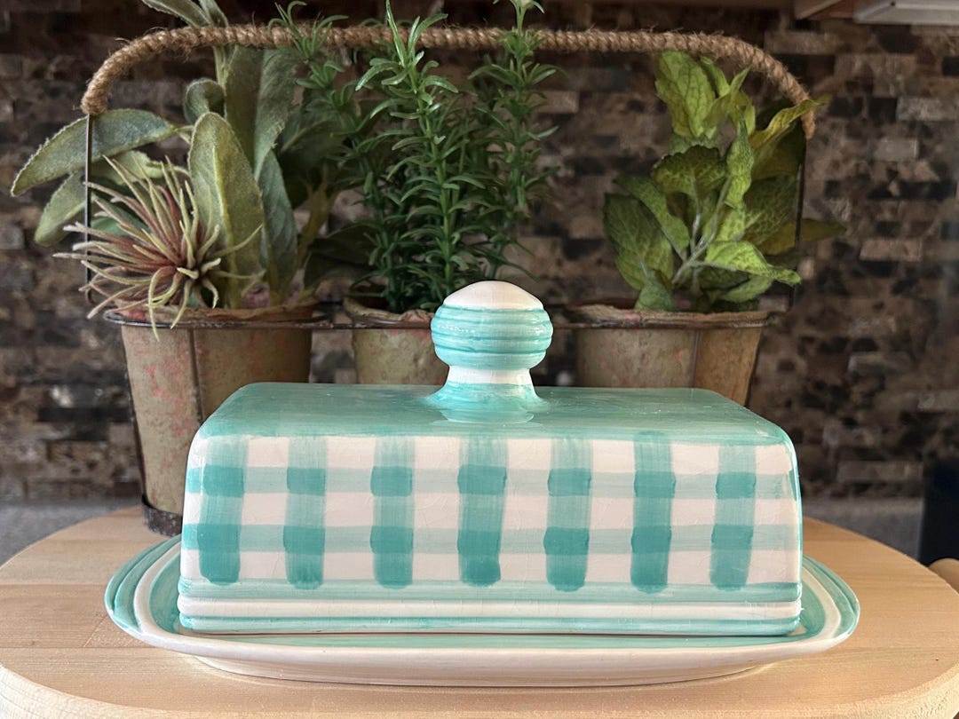 Vintage Cracker Barrel Butter Dish in Gingham Plaid Ceramic Teal 1998 2 ...
