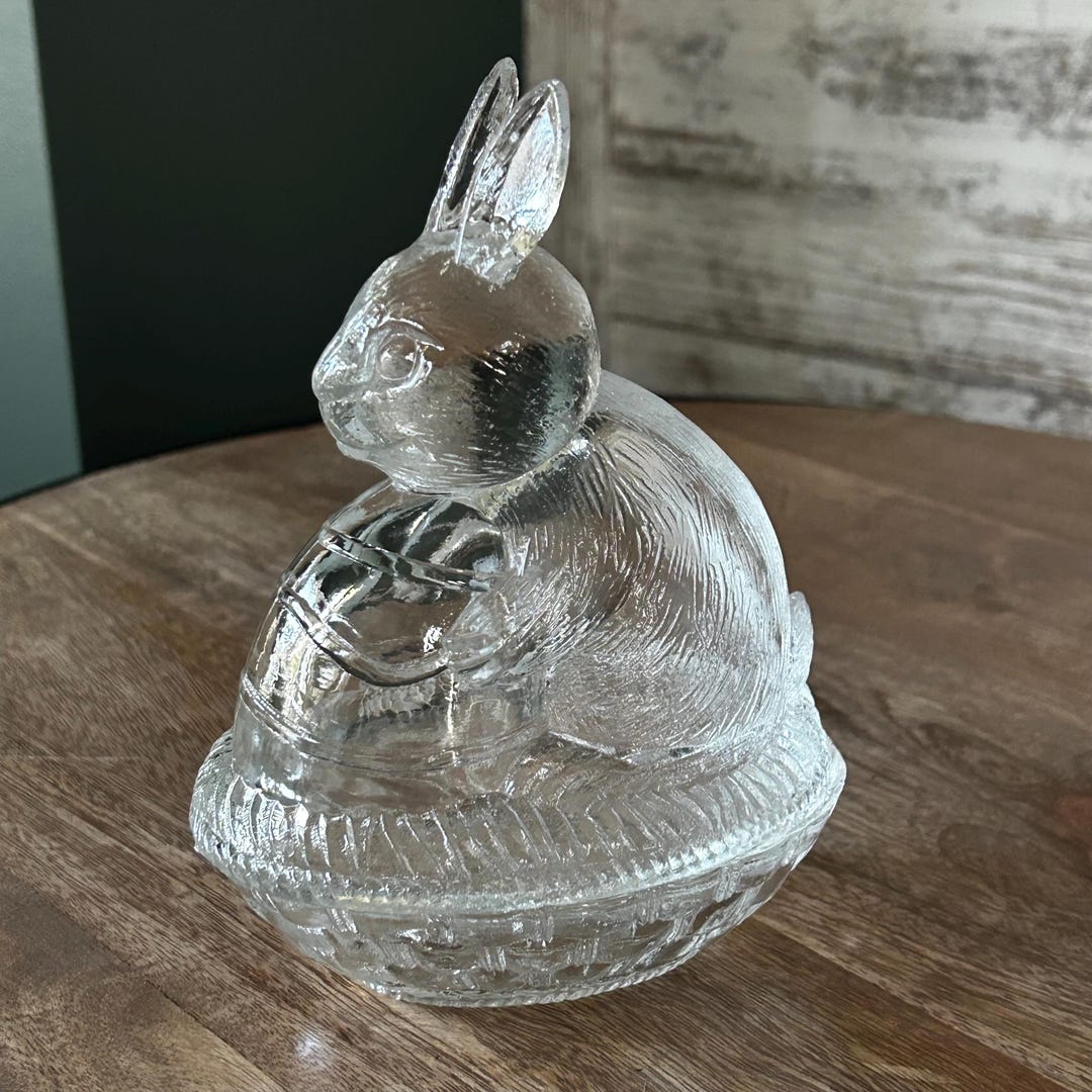 Clear Glass Easter Bunny on Nest Basket Covered Candy Trinket Dish ...