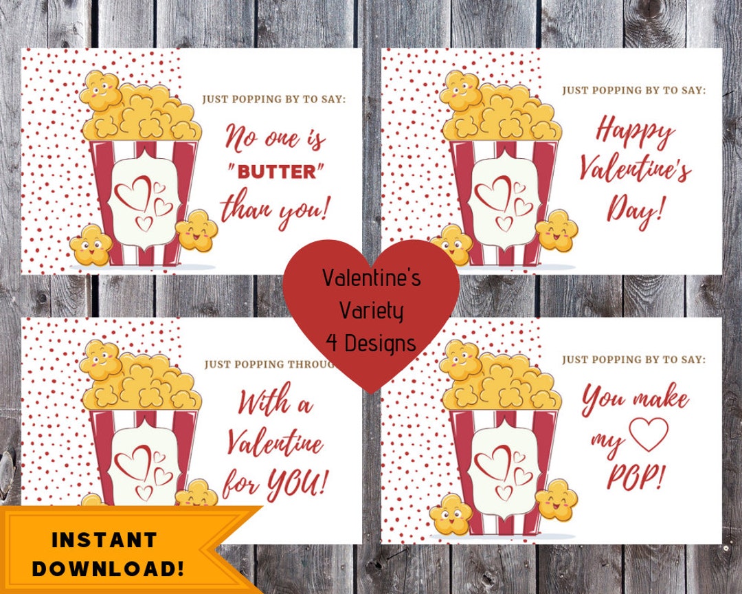 4 DESIGNS - Valentine's Popcorn Treat Tag Tags Printable, Valentines ...