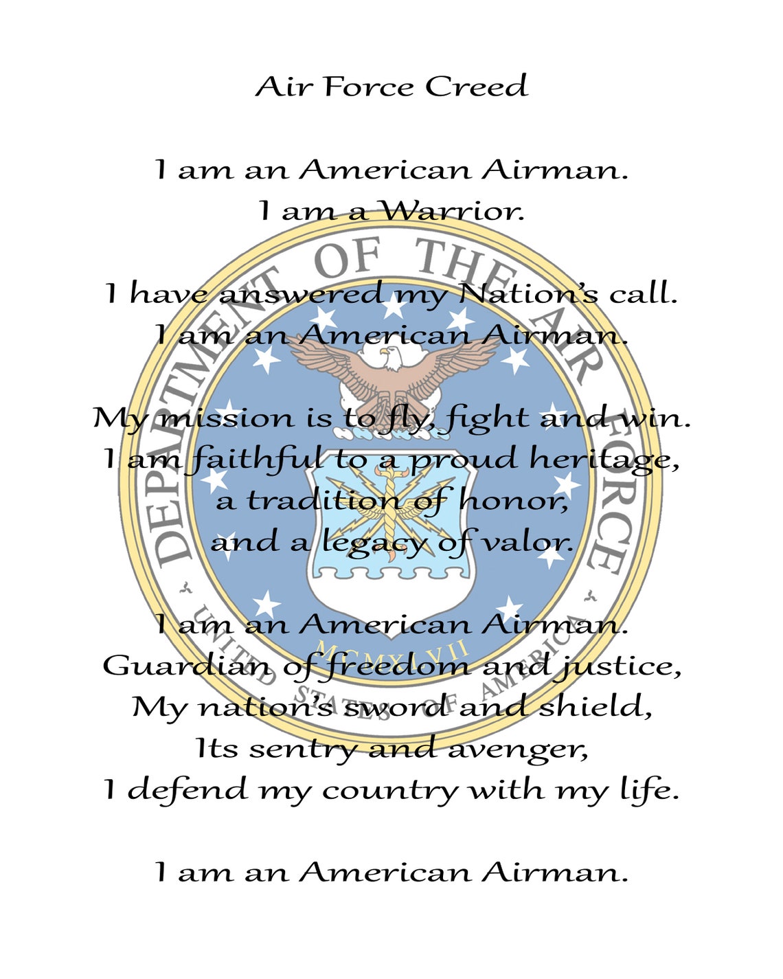 US Air Force Creed 8x10 Cotton | Etsy