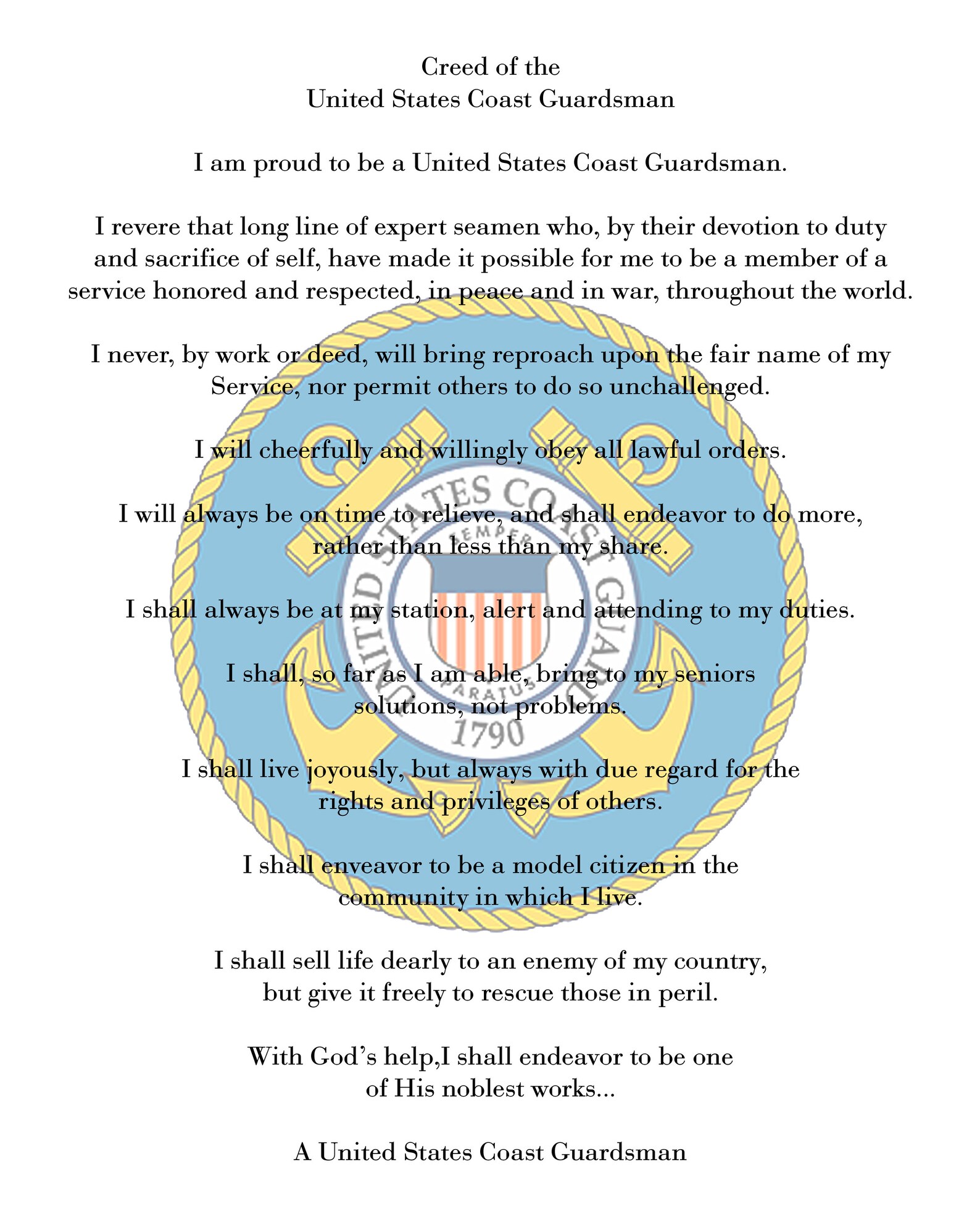 US Coast Guard Creed 8x10 Cotton Fabric Block | Etsy