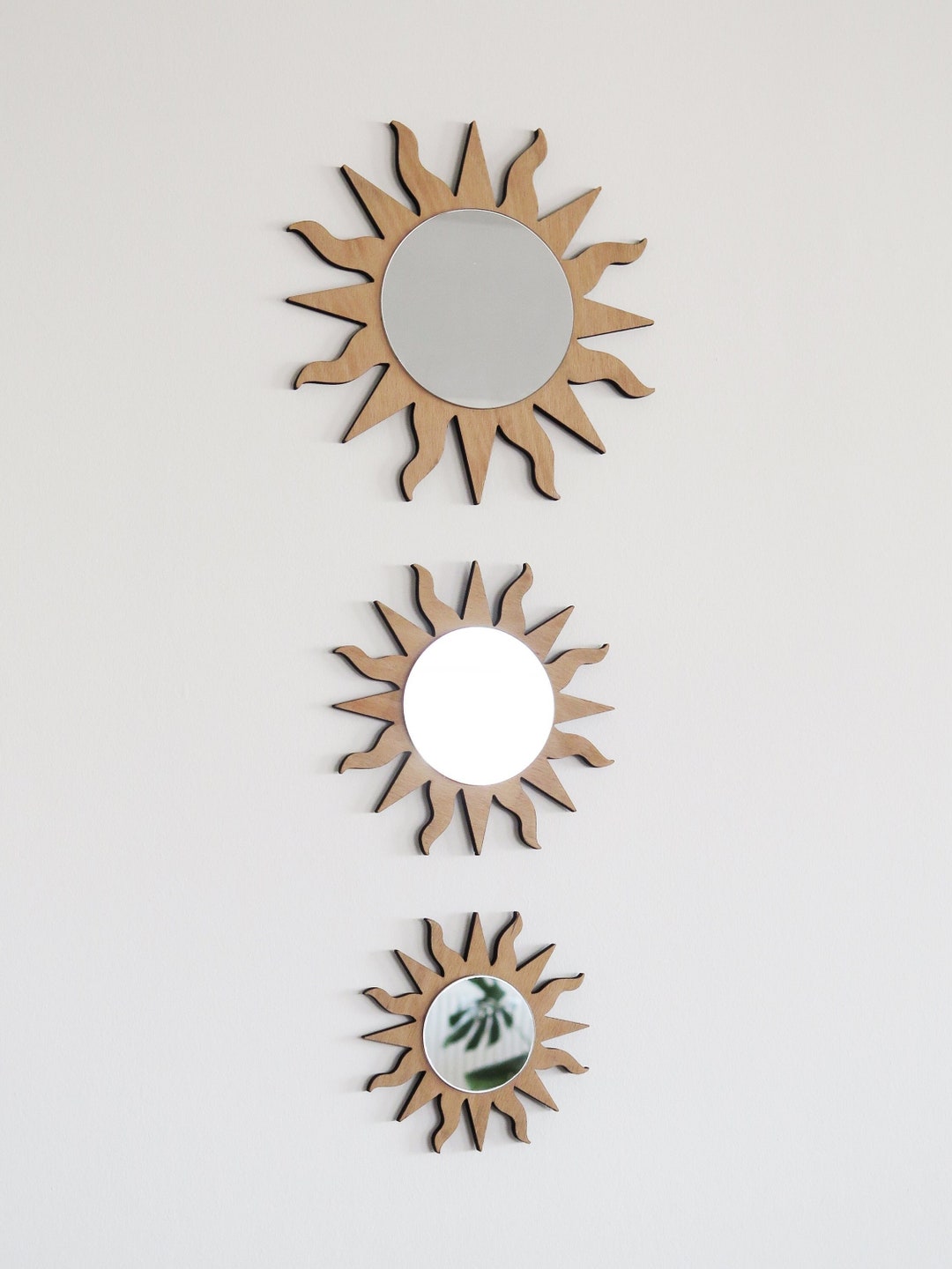 Sunburst Wall Mirror, Small Sun Wall Decor, Round Wooden Mirror, Set of ...