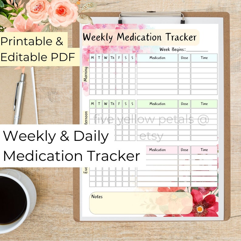 Weekly Medication Tracker Printable and Editable PDF Planner Chronic ...