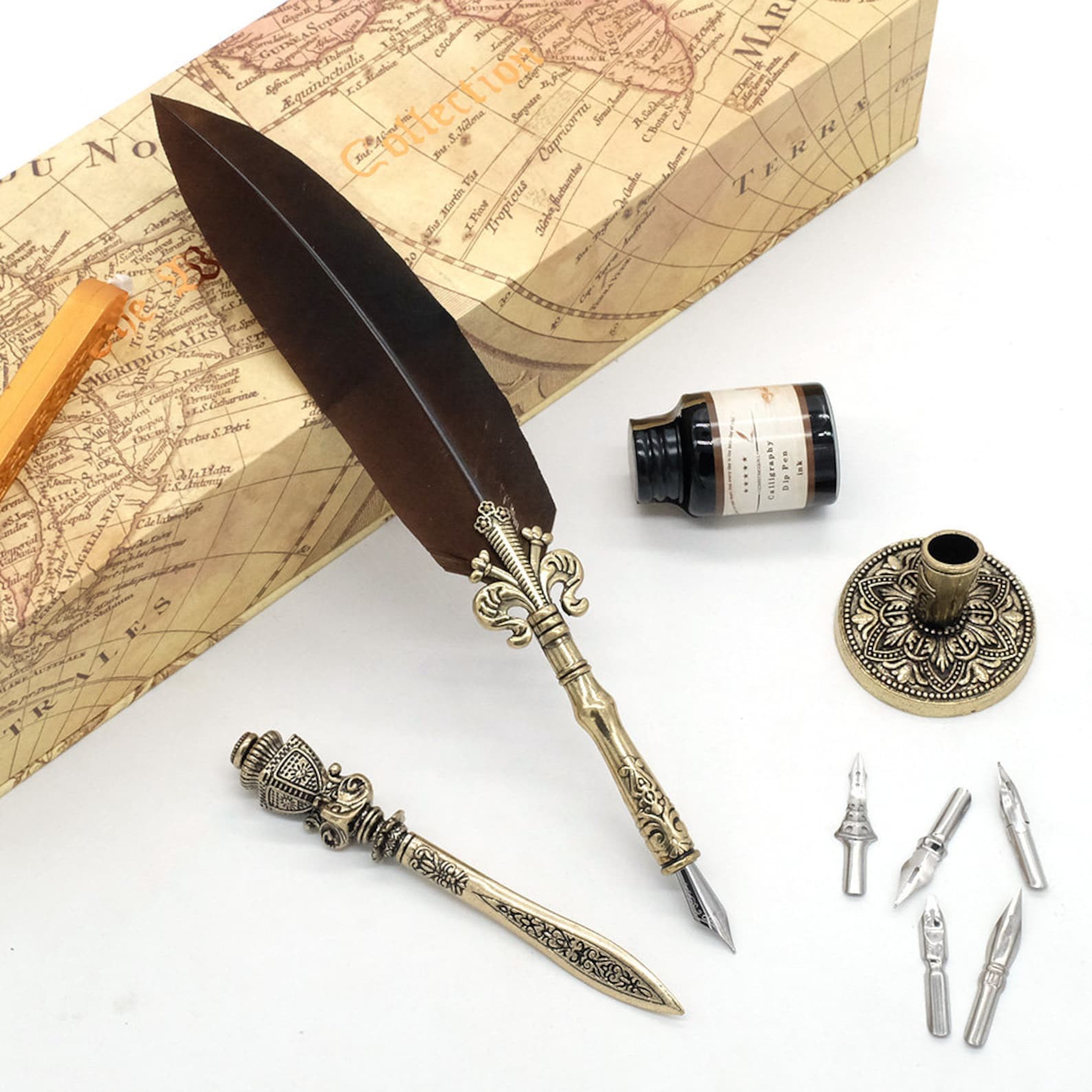 Feather Pen and Ink Set With Metal Letter Opener Pen Holder - Etsy