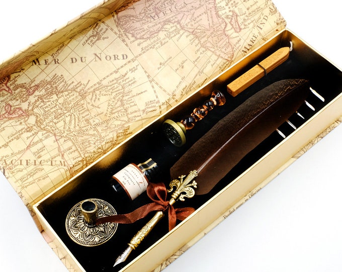 Antique Feather Quill Pen Set With Glass Wax Seal Stamp Pen Holder ...