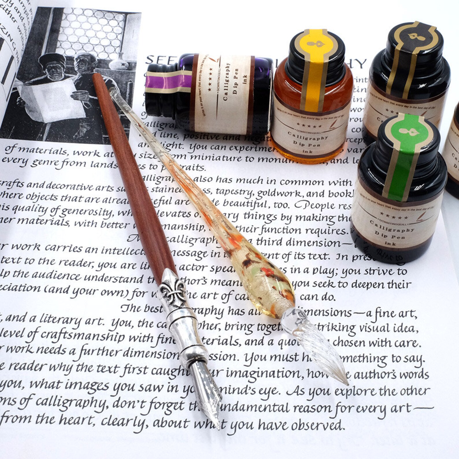 Calligraphy Pen Set, Handcrafted Glass Dip Pen and Wooden Dip Pen Gift ...