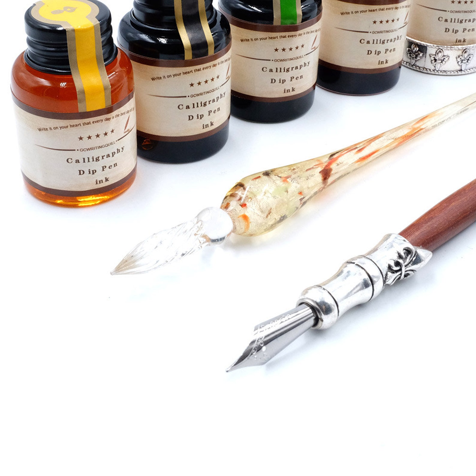 Calligraphy Pen Set, Handcrafted Glass Dip Pen and Wooden Dip Pen Gift ...