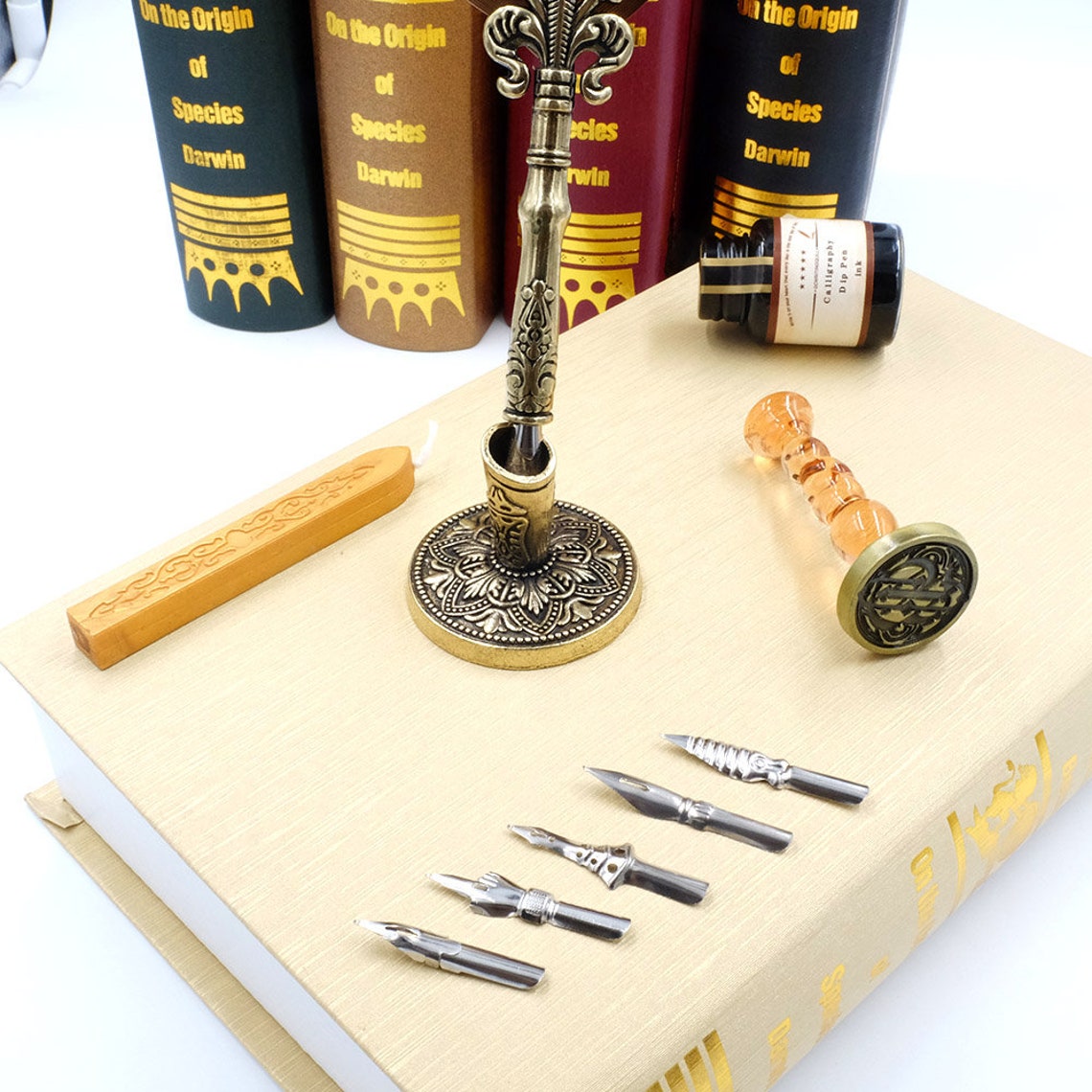 Antique Feather Quill Pen Set With Glass Wax Seal Stamp Pen - Etsy