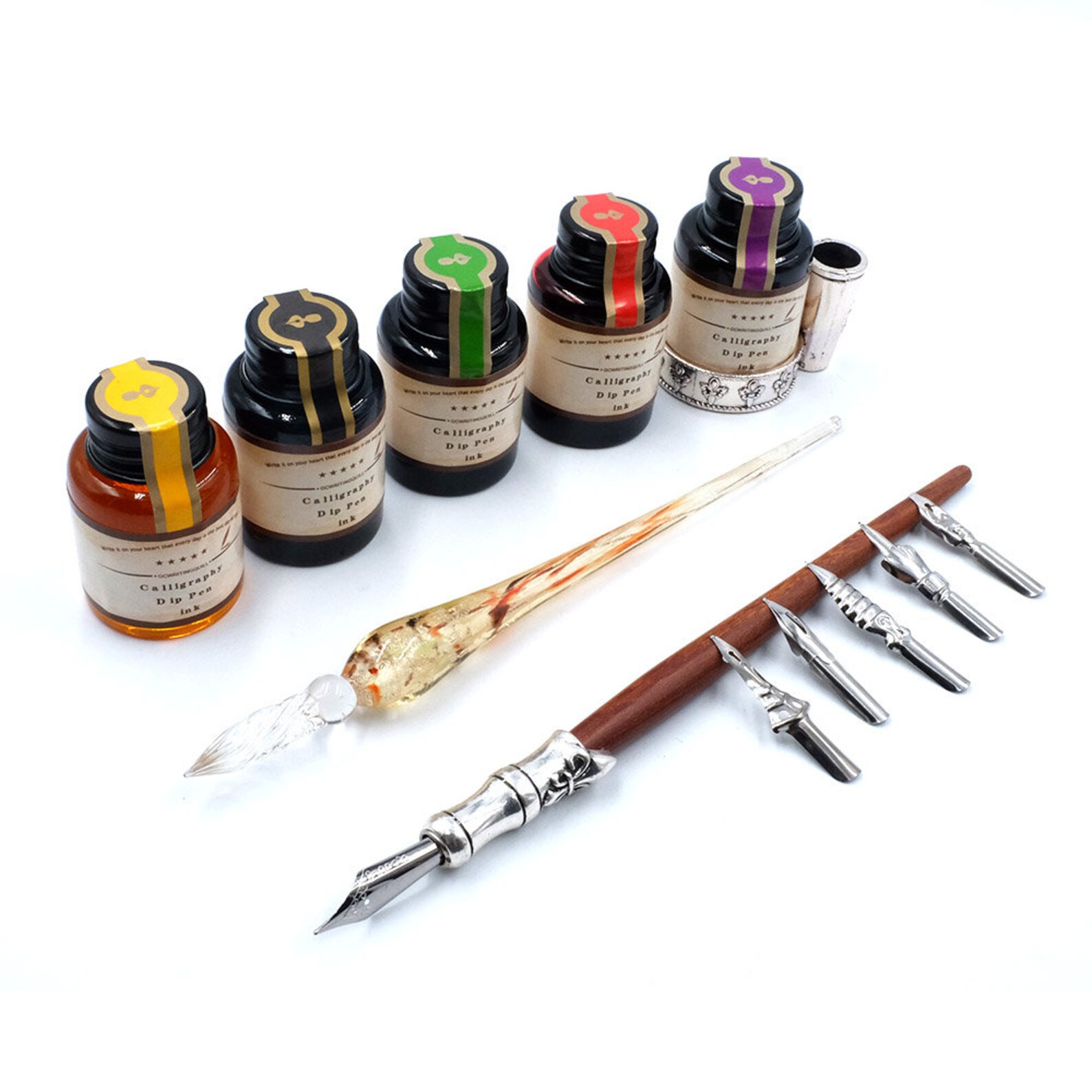 Calligraphy Pen Set, Handcrafted Glass Dip Pen and Wooden Dip Pen Gift ...